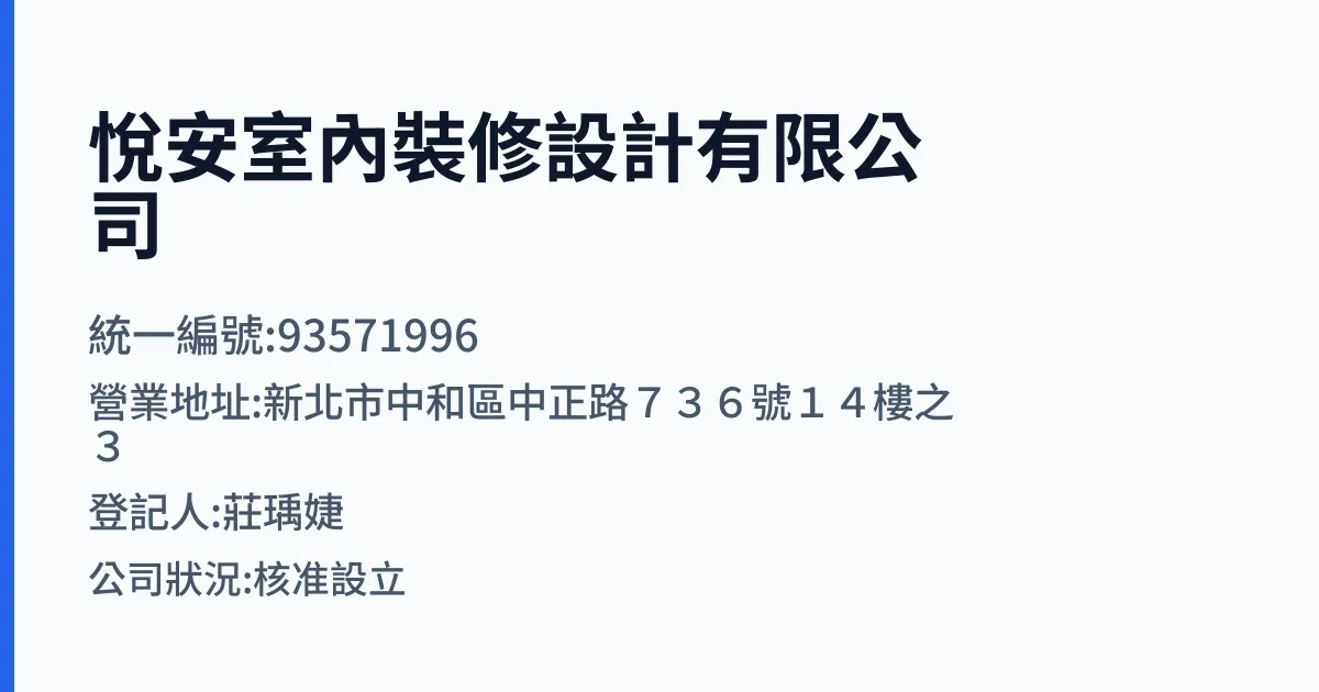 悅安室內裝修設計有限公司 - 統編 93571996(新北市) 公司登記資料與營業項目詳細圖表