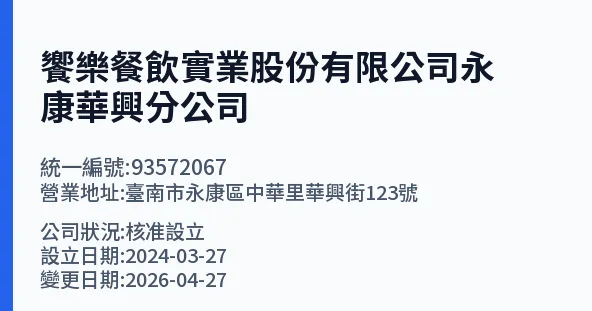 饗樂餐飲實業股份有限公司永康華興分公司的照片-統編 93572067(臺南市) 公司登記資料與營業項目詳細圖表