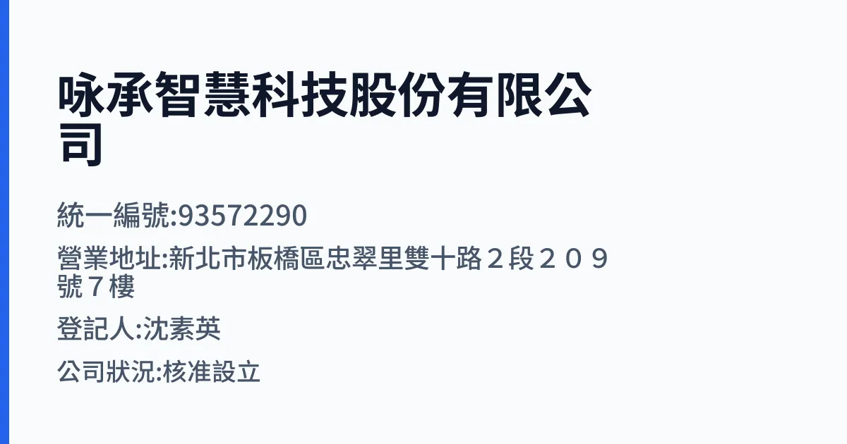 咏承智慧科技股份有限公司 - 統編 93572290(新北市) 公司登記資料與營業項目詳細圖表