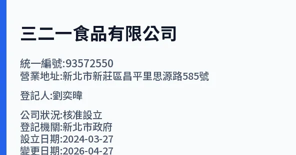 三二一食品有限公司的照片-統編 93572550(新北市) 公司登記資料與營業項目詳細圖表