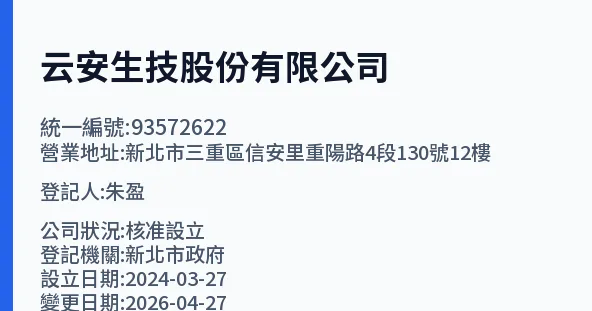 云安生技股份有限公司的照片-統編 93572622(新北市) 公司登記資料與營業項目詳細圖表