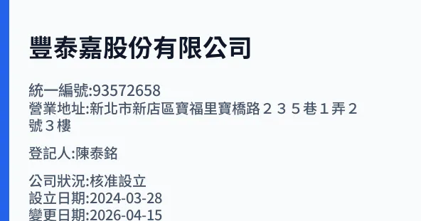 豐泰嘉股份有限公司的照片-統編 93572658(新北市) 公司登記資料與營業項目詳細圖表