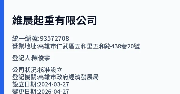 維晨起重有限公司的照片-統編 93572708(高雄市) 公司登記資料與營業項目詳細圖表