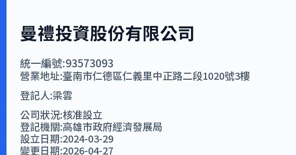 曼禮投資股份有限公司的照片-統編 93573093(臺南市) 公司登記資料與營業項目詳細圖表