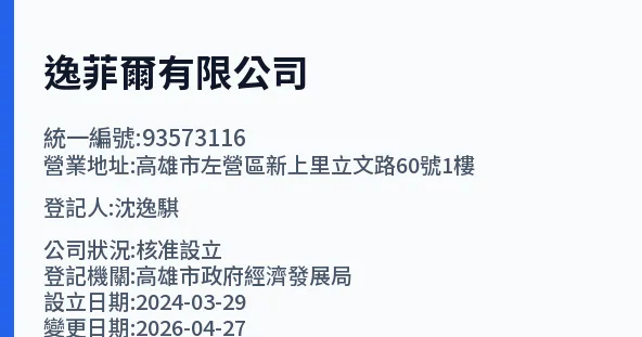 逸菲爾有限公司的照片-統編 93573116(高雄市) 公司登記資料與營業項目詳細圖表
