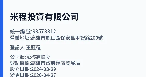 米程投資有限公司的照片-統編 93573312(高雄市) 公司登記資料與營業項目詳細圖表