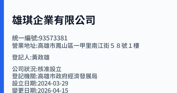 雄琪企業有限公司的照片-統編 93573381(高雄市) 公司登記資料與營業項目詳細圖表