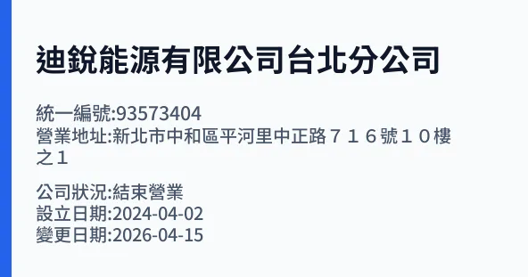 迪銳能源有限公司台北分公司的照片-統編 93573404(新北市) 公司登記資料與營業項目詳細圖表