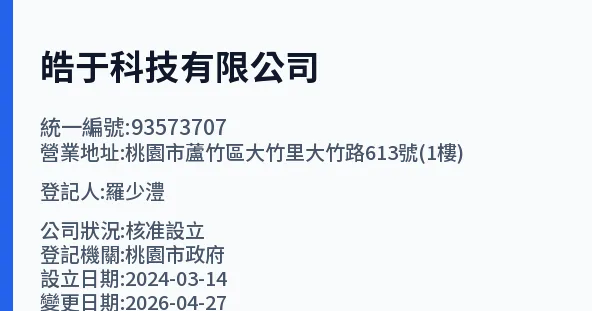 皓于科技有限公司的照片-統編 93573707(桃園市) 公司登記資料與營業項目詳細圖表