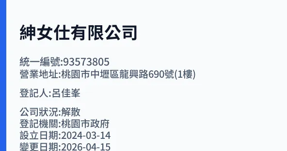 紳女仕有限公司的照片-統編 93573805(桃園市) 公司登記資料與營業項目詳細圖表