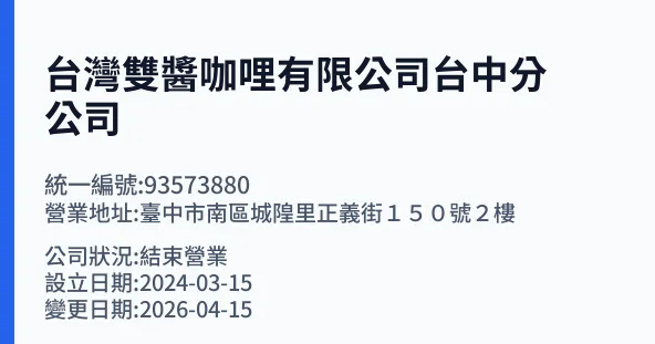 台灣雙醬咖哩有限公司台中分公司的照片-統編 93573880(臺中市) 公司登記資料與營業項目詳細圖表