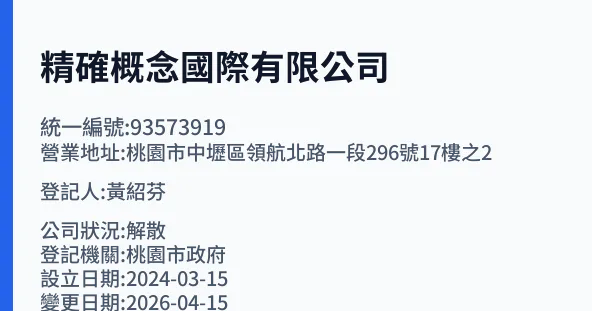 精確概念國際有限公司的照片-統編 93573919(桃園市) 公司登記資料與營業項目詳細圖表