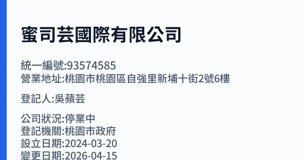 蜜司芸國際有限公司的照片-統編 93574585(桃園市) 公司登記資料與營業項目詳細圖表