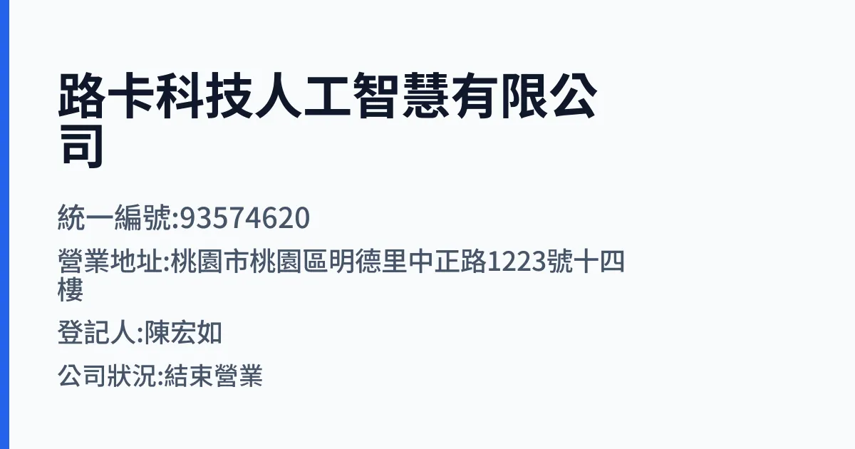 路卡科技人工智慧有限公司 - 統編 93574620(桃園市) 公司登記資料與營業項目詳細圖表