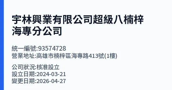 宇林興業有限公司超級八楠梓海專分公司的照片-統編 93574728(高雄市) 公司登記資料與營業項目詳細圖表