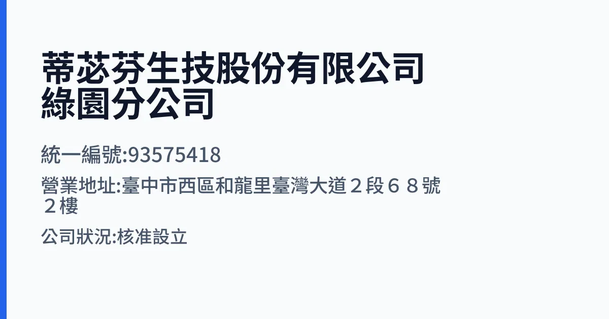 蒂苾芬生技股份有限公司綠園分公司 - 統編 93575418(臺中市) 公司登記資料與營業項目詳細圖表