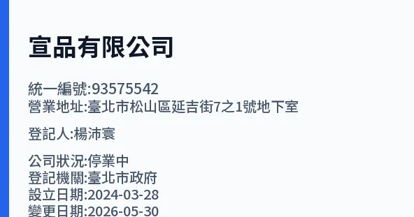 宣品有限公司的照片-統編 93575542(臺北市) 公司登記資料與營業項目詳細圖表