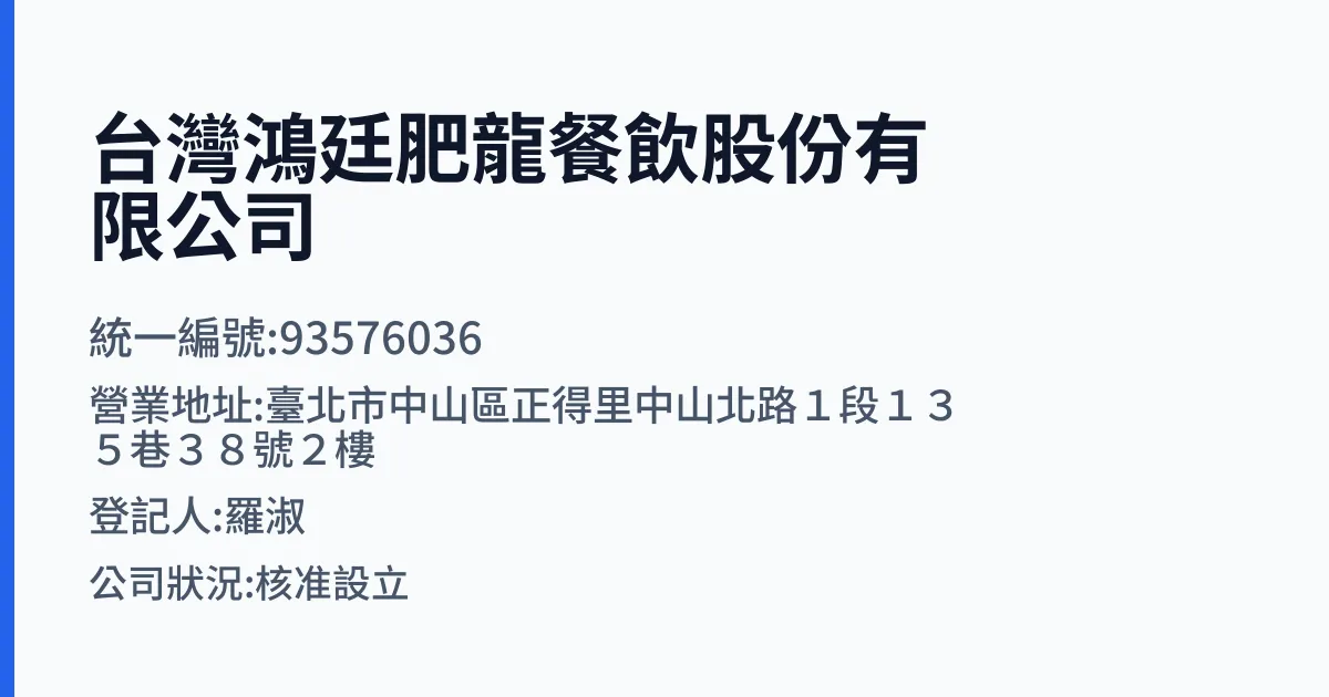 台灣鴻廷肥龍餐飲股份有限公司 - 統編 93576036(臺北市) 公司登記資料與營業項目詳細圖表