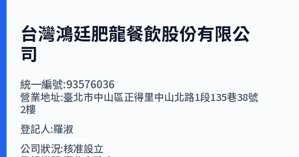 台灣鴻廷肥龍餐飲股份有限公司的照片-統編 93576036(臺北市) 公司登記資料與營業項目詳細圖表