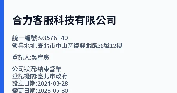 合力客服科技有限公司的照片-統編 93576140(臺北市) 公司登記資料與營業項目詳細圖表