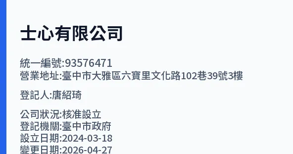士心有限公司的照片-統編 93576471(臺中市) 公司登記資料與營業項目詳細圖表