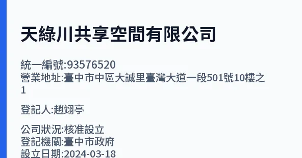 天綠川共享空間有限公司的照片-統編 93576520(臺中市) 公司登記資料與營業項目詳細圖表