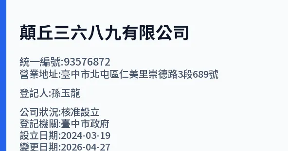 顛丘三六八九有限公司的照片-統編 93576872(臺中市) 公司登記資料與營業項目詳細圖表