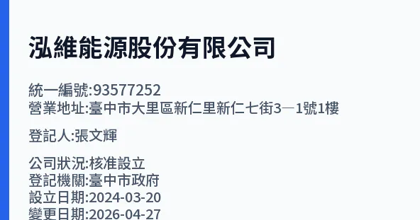 泓維能源股份有限公司的照片-統編 93577252(臺中市) 公司登記資料與營業項目詳細圖表