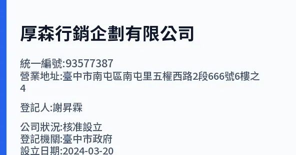 厚森行銷企劃有限公司的照片-統編 93577387(臺中市) 公司登記資料與營業項目詳細圖表