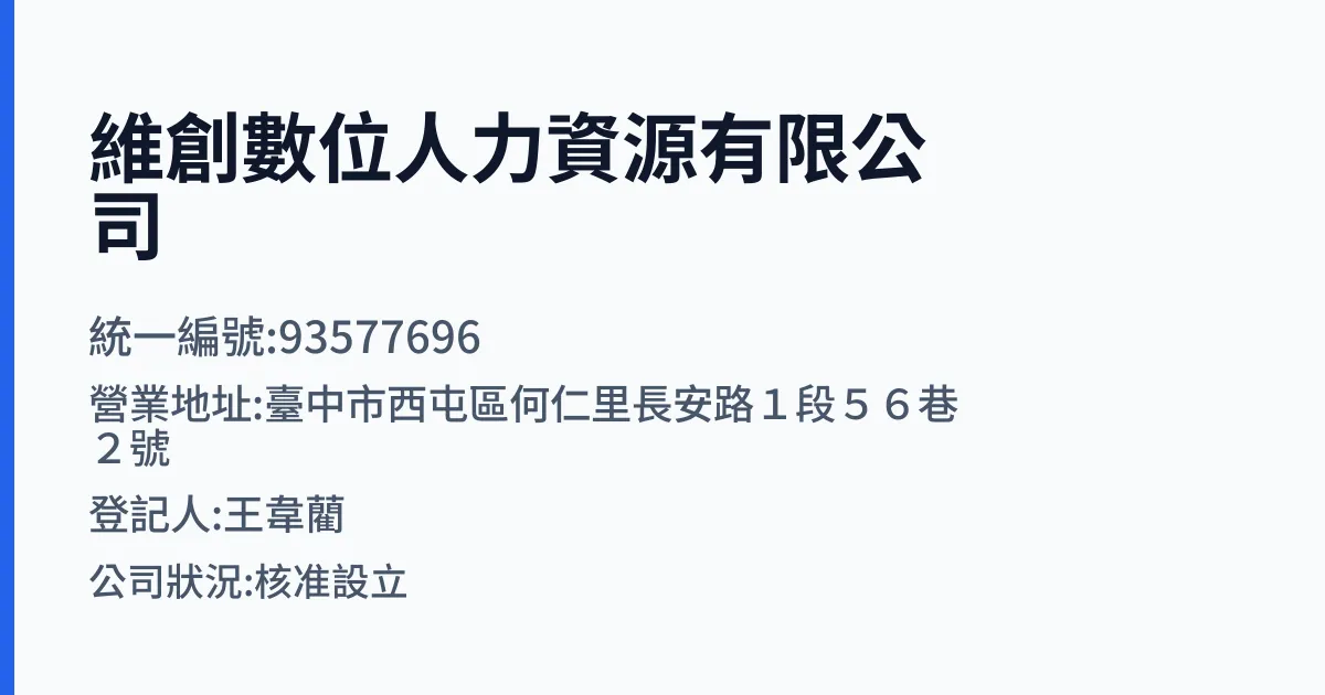 維創數位人力資源有限公司 - 統編 93577696（臺中市） 公司登記資料與營業項目詳細圖表