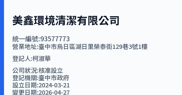 美鑫環境清潔有限公司的照片-統編 93577773(臺中市) 公司登記資料與營業項目詳細圖表