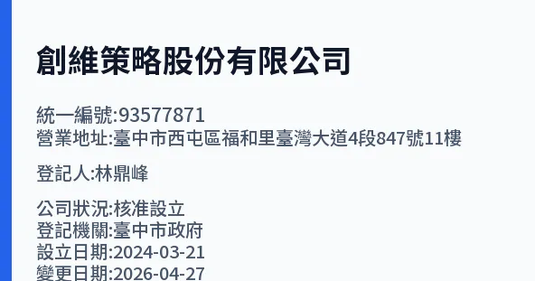 創維策略股份有限公司的照片-統編 93577871(臺中市) 公司登記資料與營業項目詳細圖表