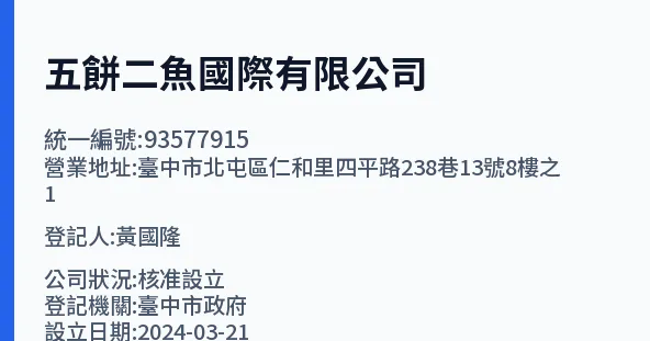 五餅二魚國際有限公司的照片-統編 93577915(臺中市) 公司登記資料與營業項目詳細圖表