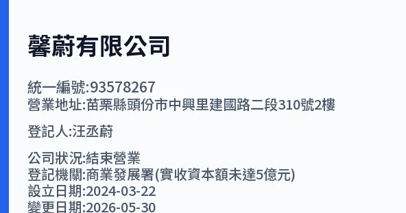 馨蔚有限公司的照片-統編 93578267(苗栗縣) 公司登記資料與營業項目詳細圖表