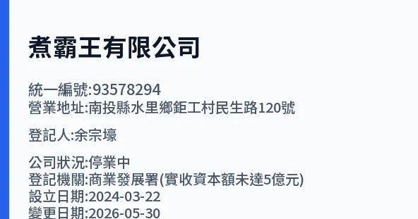 煮霸王有限公司的照片-統編 93578294(南投縣) 公司登記資料與營業項目詳細圖表