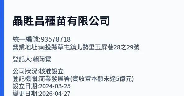 畾貹昌種苗有限公司的照片-統編 93578718(南投縣) 公司登記資料與營業項目詳細圖表