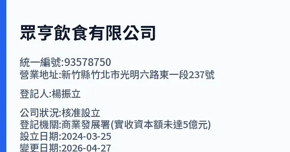 眾亨飲食有限公司的照片-統編 93578750(新竹縣) 公司登記資料與營業項目詳細圖表