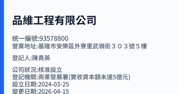 品維工程有限公司的照片-統編 93578800(基隆市) 公司登記資料與營業項目詳細圖表