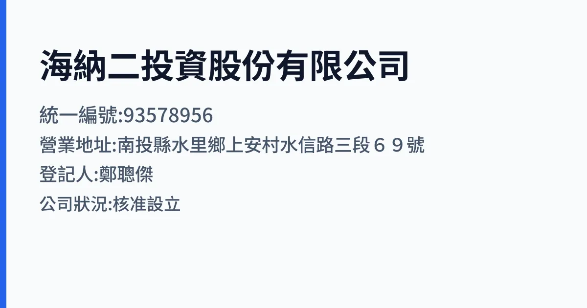 海納二投資股份有限公司 - 統編 93578956(新竹縣) 公司登記資料與營業項目詳細圖表
