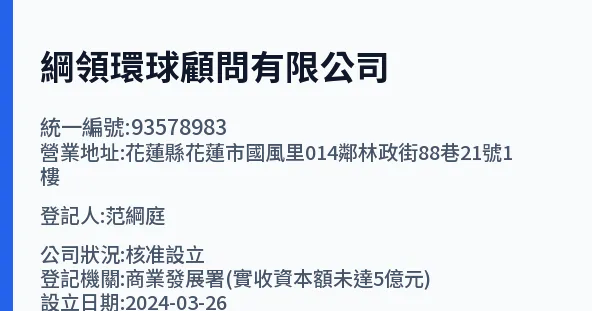綱領環球顧問有限公司的照片-統編 93578983(花蓮縣) 公司登記資料與營業項目詳細圖表