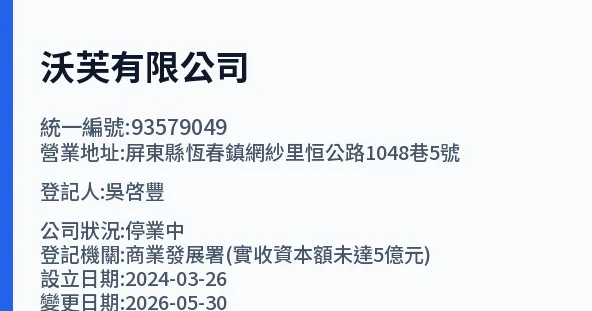 沃芙有限公司的照片-統編 93579049(屏東縣) 公司登記資料與營業項目詳細圖表
