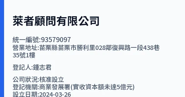 萊者顧問有限公司的照片-統編 93579097(苗栗縣) 公司登記資料與營業項目詳細圖表