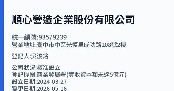 順心營造企業股份有限公司的照片-統編 93579239(臺中市) 公司登記資料與營業項目詳細圖表