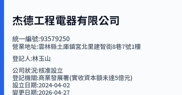 杰德工程電器有限公司的照片-統編 93579250(雲林縣) 公司登記資料與營業項目詳細圖表