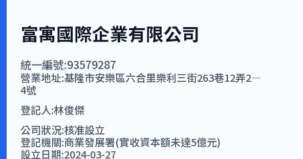 富寓國際企業有限公司的照片-統編 93579287(基隆市) 公司登記資料與營業項目詳細圖表