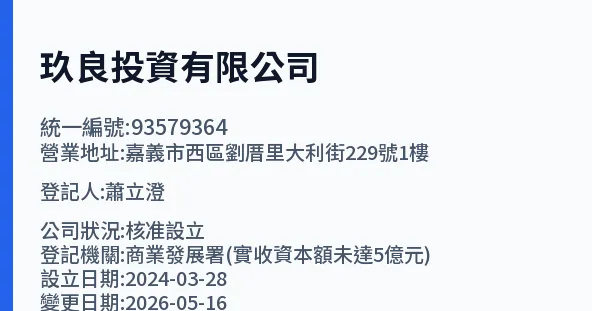 玖良投資有限公司的照片-統編 93579364(嘉義市) 公司登記資料與營業項目詳細圖表