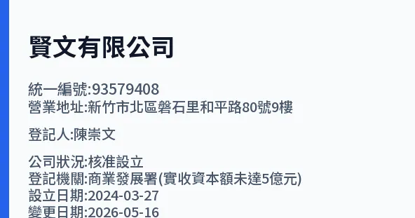 賢文有限公司的照片-統編 93579408(新竹市) 公司登記資料與營業項目詳細圖表
