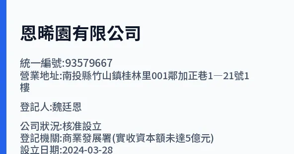 恩晞園有限公司的照片-統編 93579667(南投縣) 公司登記資料與營業項目詳細圖表