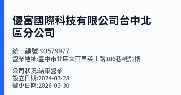 優富國際科技有限公司台中北區分公司的照片-統編 93579977(臺中市) 公司登記資料與營業項目詳細圖表