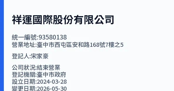 祥運國際股份有限公司的照片-統編 93580138(臺中市) 公司登記資料與營業項目詳細圖表